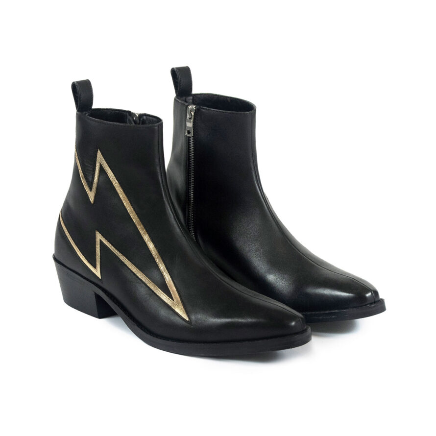 Lightning - Black and Gold Leather Lightning Bolt Boots | Straight To Hell