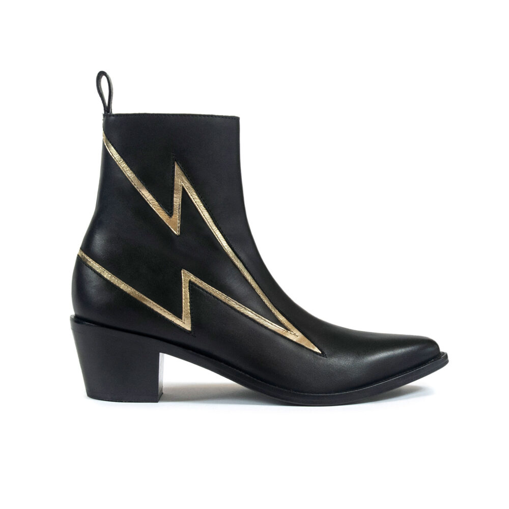 Lightning - Black and Gold Leather Lightning Bolt Boots | Straight To Hell