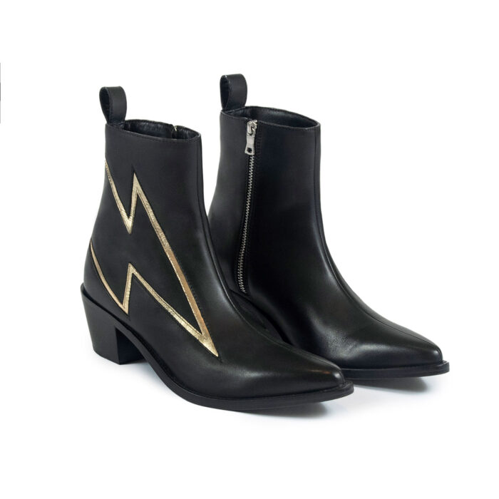 Lightning - Black and Gold Leather Lightning Bolt Boots | Straight To Hell